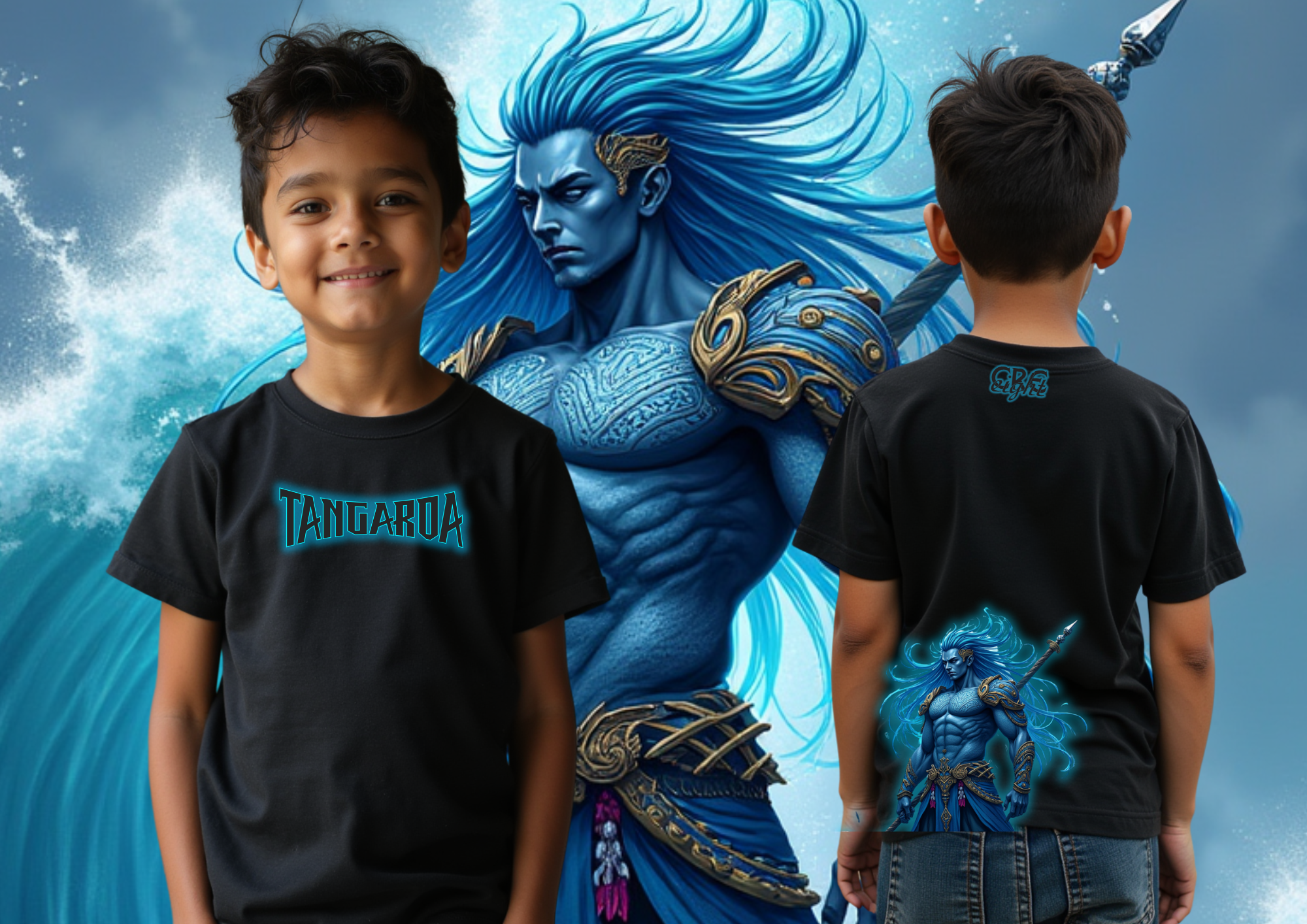 Kids Māori Atua T-shirt – Tangaroa Design (Made to Order)